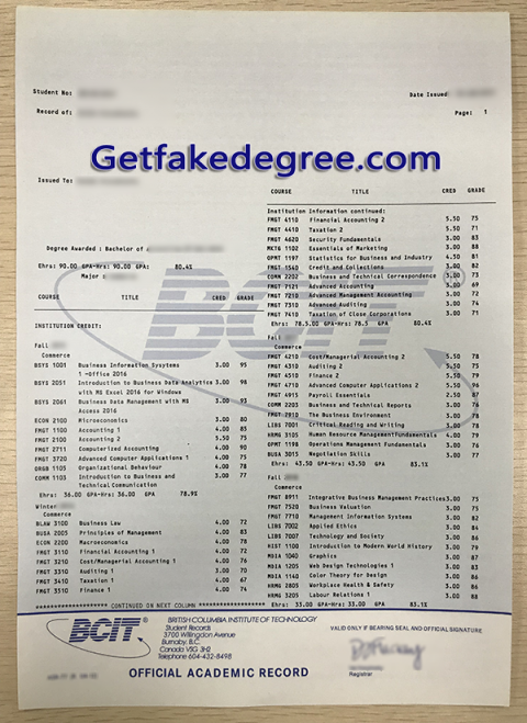 Custom BCIT Fake Transcript. British Columbia Institute of Technology ...
