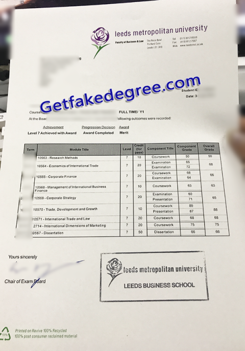 Custom Replica Leeds Metropolitan University Transcript - Buy Fake High ...