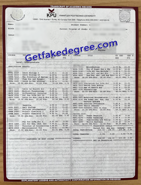 Buy Kwantlen Polytechnic University Fake Transcript - Buy Fake High ...