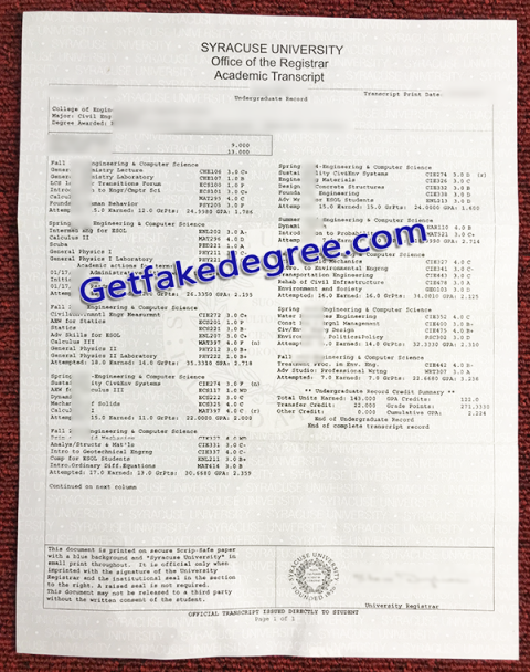 Syracuse University Fake Transcript Certificate for Sale - Buy Fake High School and University ...