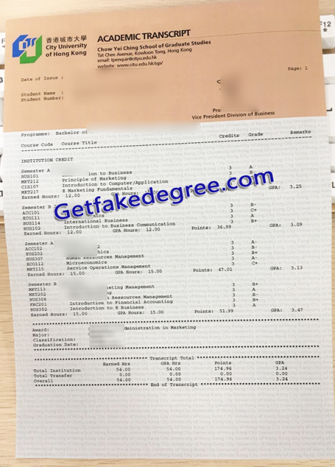 City University of Hong Kong Fake Transcript Template - Buy Fake High ...