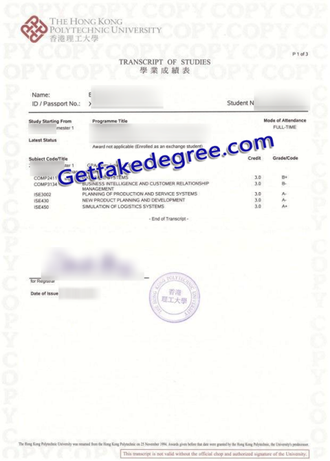 PolyU Transcript Hong Kong Polytechnic University Certificate - Buy ...
