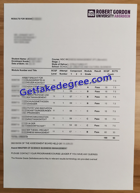 Robert Gordon University Certificate RGU Fake Transcript - Buy Fake High School and University ...