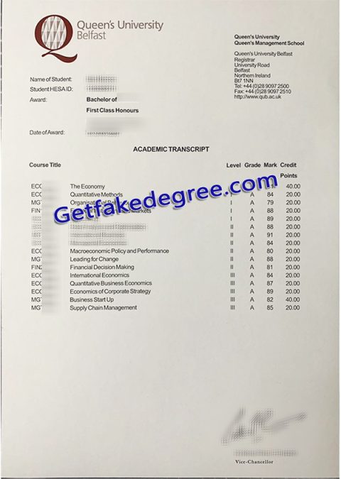 Custom Official Queen's University Belfast Transcript - Buy Fake High School and University ...