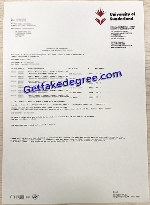 University of Sunderland Official Transcript for Sale - Buy Fake High ...